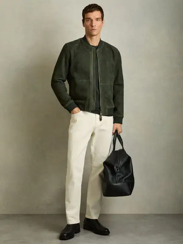 Buy REISS Block Brick Suede Zip-through Bomber Jacket - Antique